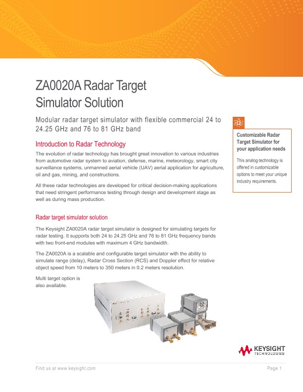 ZA0020A Radar Target Simulator Solution PDF Asset Page | Keysight
